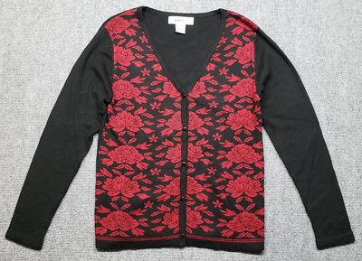 Kikit Sweater Womens Size S Black Red Floral Button V-Neck Long Sleeve ...