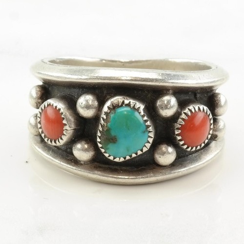 Native American Turquoise Coral Shadowbox Band Sterling Silver Ring ...