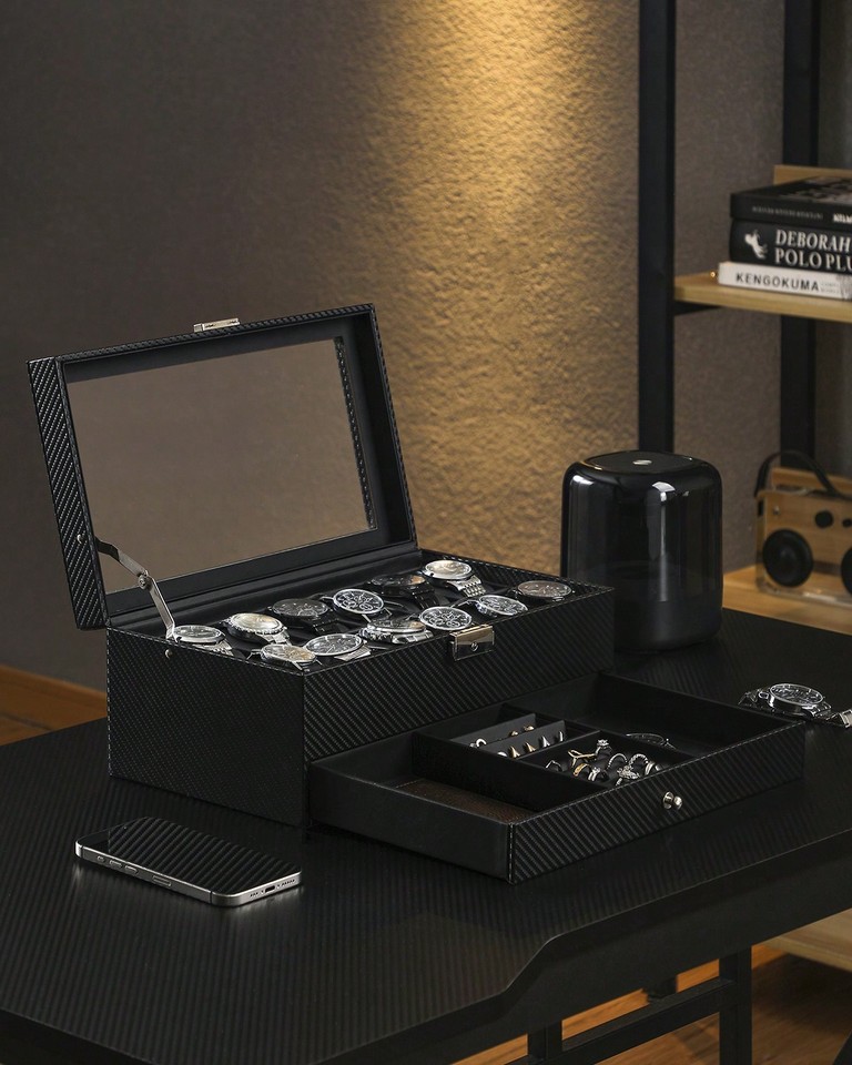 1 Pcs 12-Slot Lockable Watch Box With Glass Lid And Drawer -Black ...