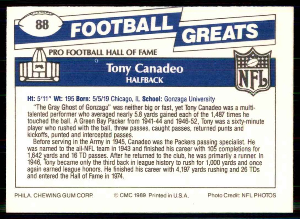1989 Swell Greats Tony Canadeo Green Bay Packers #88 | eBay