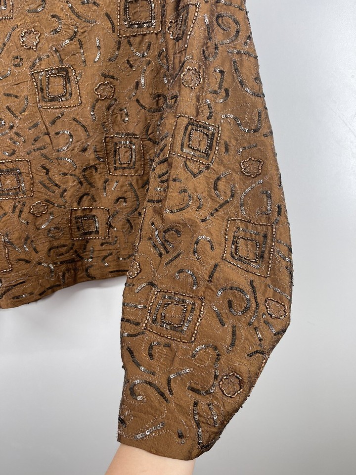 Chico’s Jacket Silk Blend Brown Bronze Sq Maze Mariah Blazer Beaded 3 ...