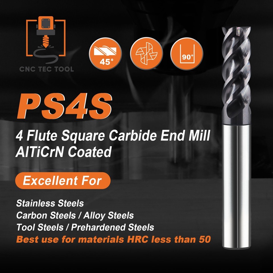 5 PCS 1/4" 4 Flutes Square 45° Helix Carbide End Mill Bits AlTiCrN ...