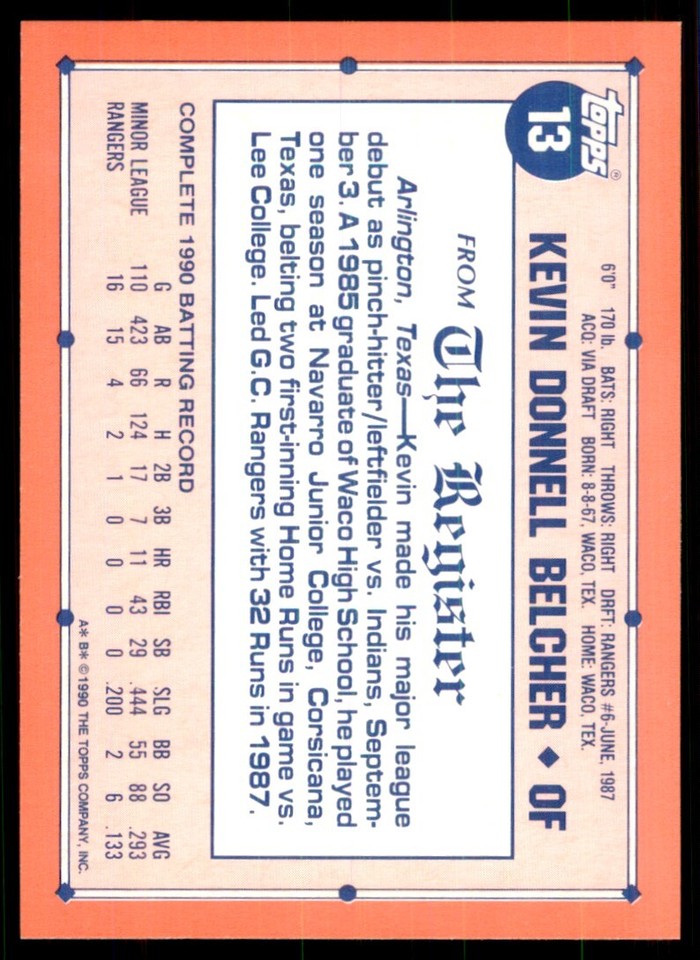 1990 Topps Major League Debut Kevin Belcher Texas Rangers #13 | eBay