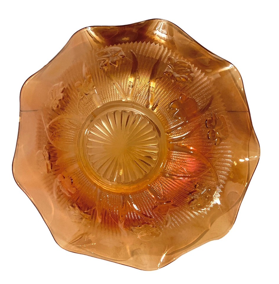 Jeanette Marigold Carnival Glass Bowl Iris and Herringbone Ruffled Edge ...