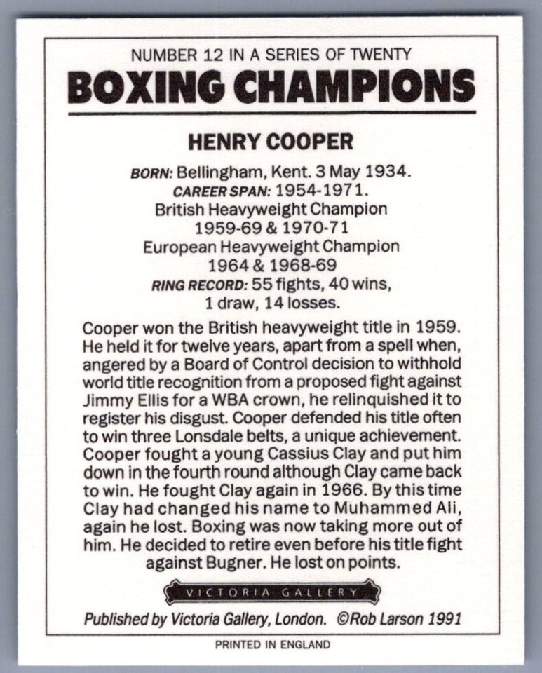 1991 Victoria Gallery Boxing Champions Henry Cooper #12 | eBay