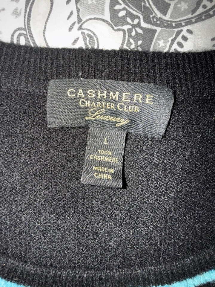 Charter Club Men's Black 100% Cashmere sweater with Teal and Beige ...