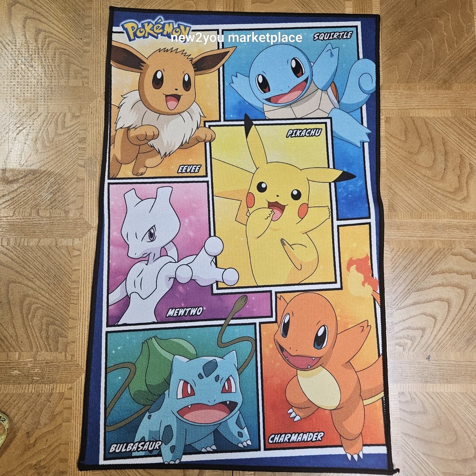 Pokemon rug anime room decor, Pikachu, Mew two, Eevee, Squirtle ...