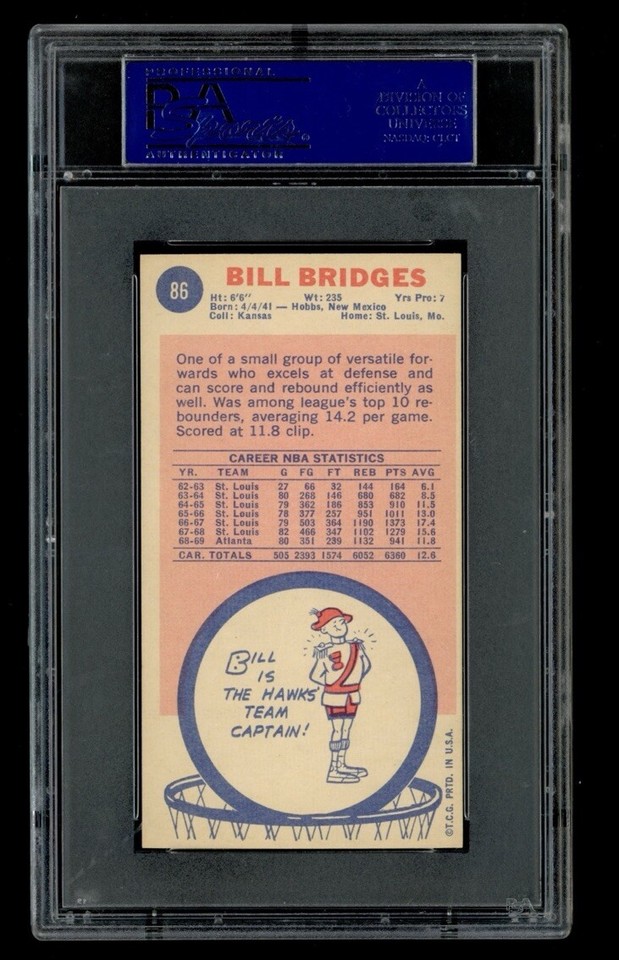 1969 Topps Basketball #86 Bill Bridges Atlanta Rookie Card RC PSA 7 NM ...