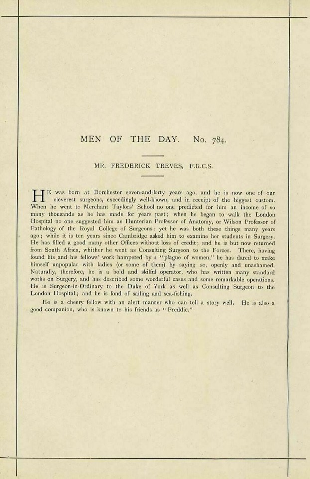 DOCTOR SURGEON SIR FREDERICK TREVES PROFESSOR OF ANATOMY AND PATHOLOGY ...
