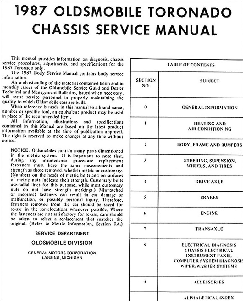 1987 Oldsmobile Toronado and Trofeo Shop Manual 87 Olds Repair Service ...