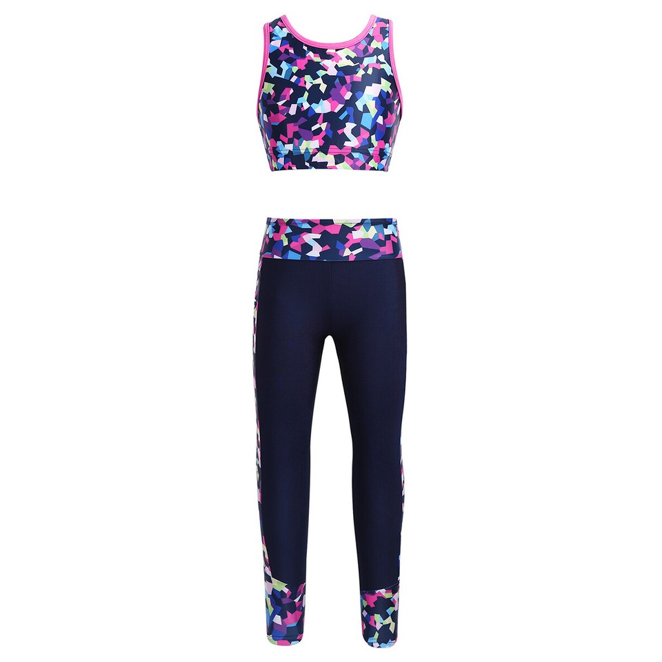 Kids Girls Athletic Outfits Top Pants Set Sports Workout Gymnastics ...