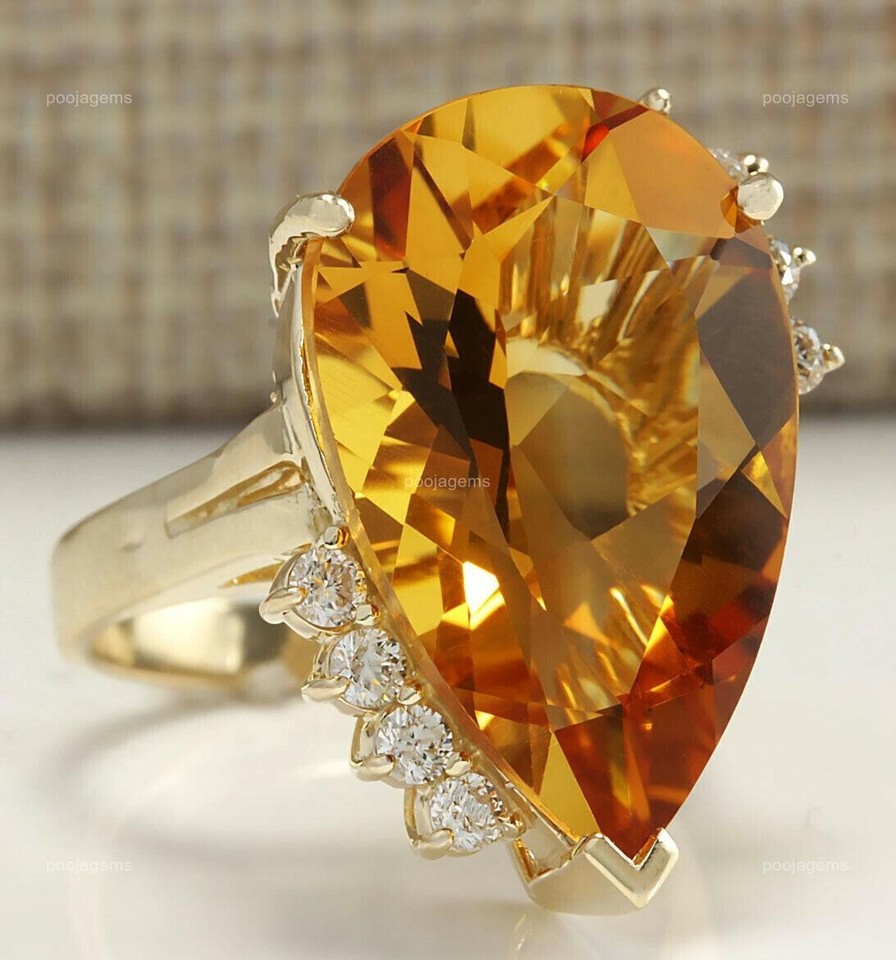 Natural Citrine & Lab Grown Diamond Statement Ring 14k Solid Yellow ...