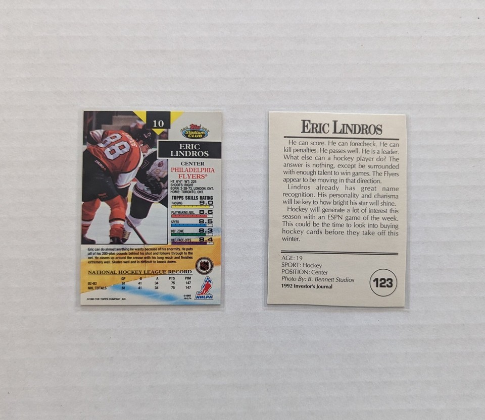 Eric Lindros Card Lot (2) - 92 Investor's Journal & 93-94 Stadium Club ...