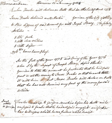 1785 MEMORANDUM OF FOOD SUPPLIES SOLD 1775-1776 AND NOT PAID ...