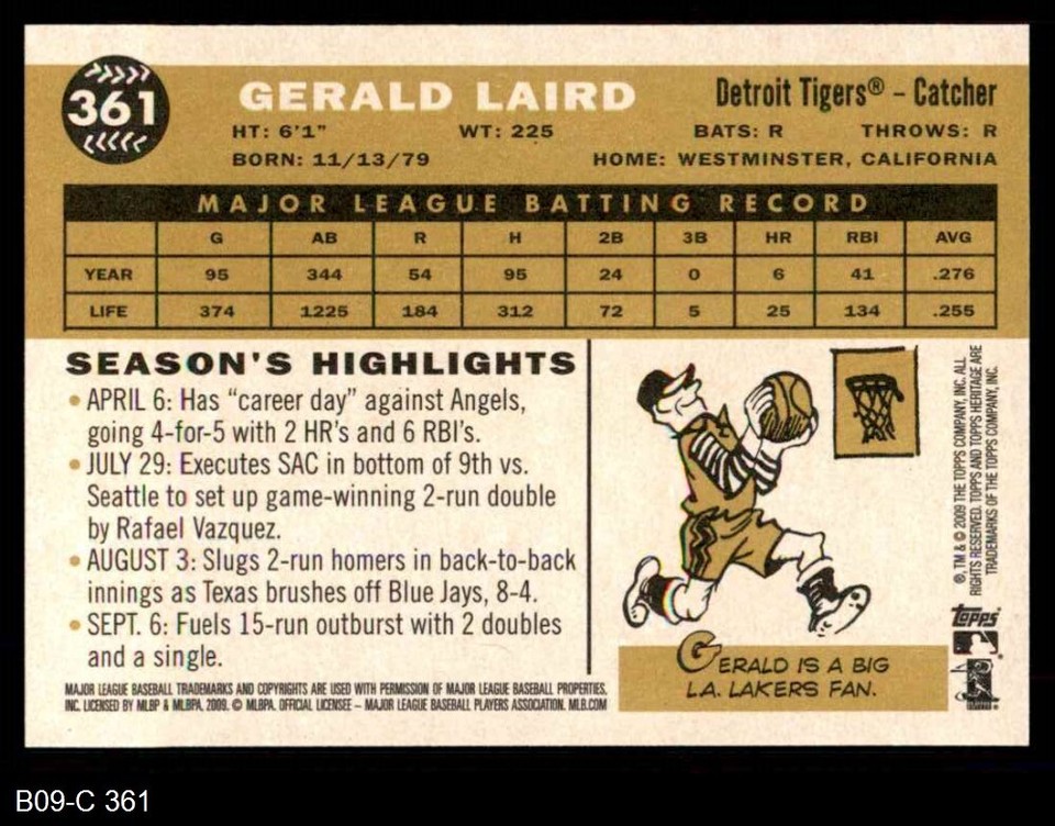 2009 Topps Heritage #361 Gerald Laird Tigers 8 - NM/MT | eBay