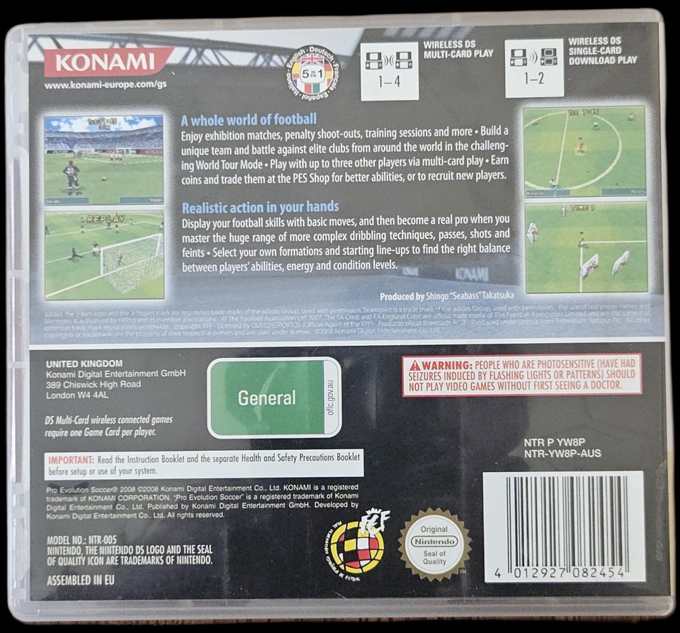 Pro Evolution Soccer 2008 Nintendo DS PES Manuals Case & Cover Free ...