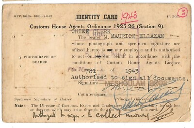 Judaica Palestine Rare Old Identity Card for Customs House Agents Tel ...