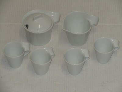 STOKES PORCELAIN WHITE CURVED HANDLE ESPRESSO CUPS SUGAR BOWL CREAMER ...