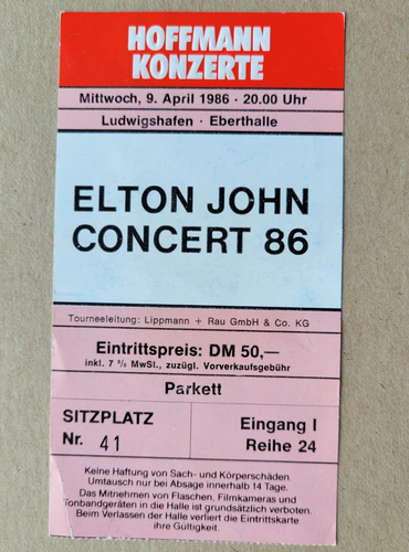 Elton John Ticket Stub Ludwigshafen Germany April 9, 1986 Ice on Fire ...