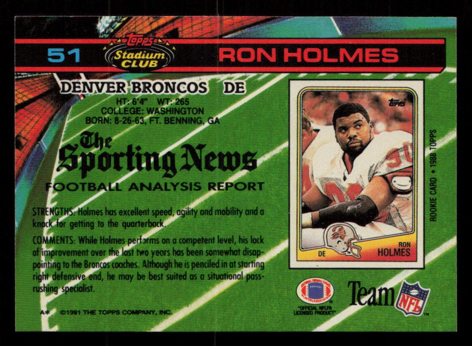 1991 Stadium Club #51 Ron Holmes Denver Broncos Football Card | eBay