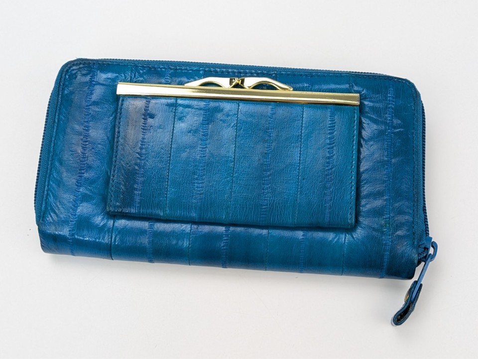 Lee Sands Eel Skin Blue Wallet Leather Clutch Credit Card Checkbook ...
