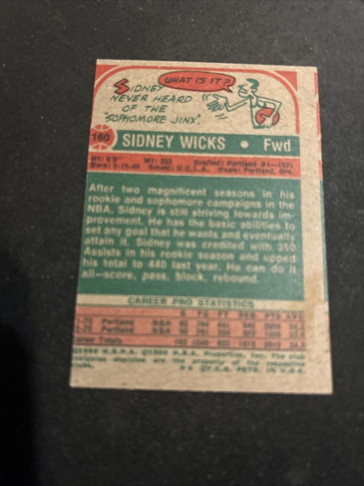 1973-74 Topps Card #160 Sidney Wicks Portland Trail Blazers Nm Miscut ...