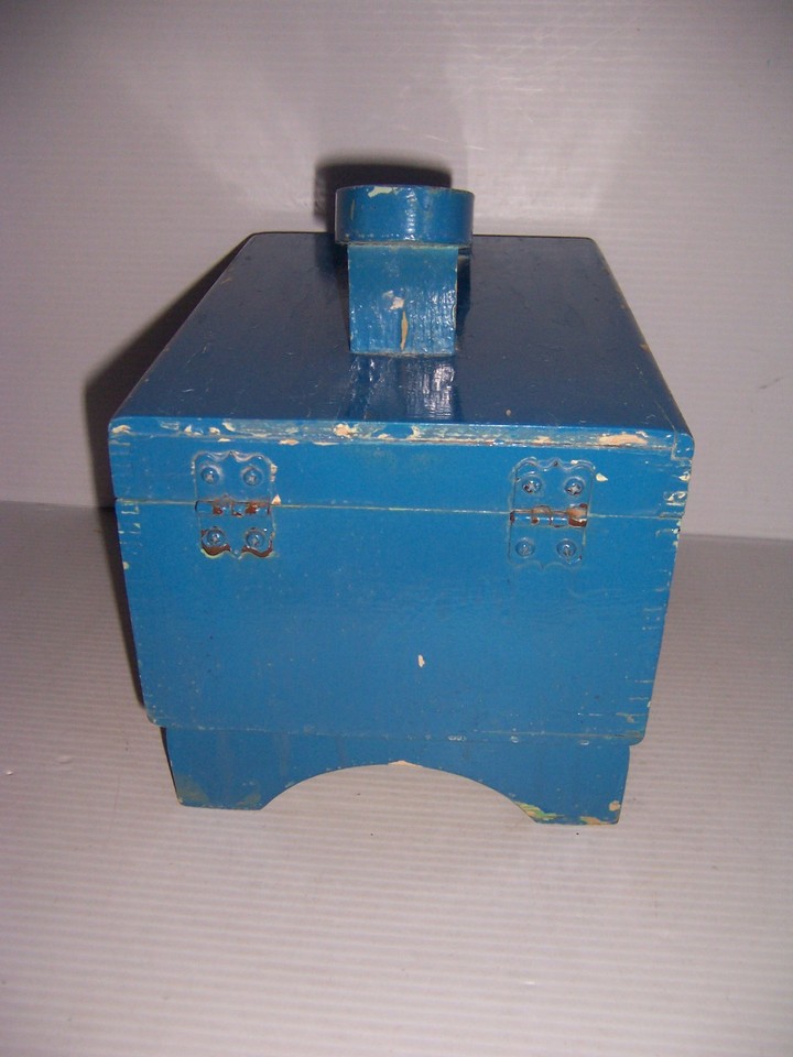 VINTAGE BLUE PAINTED WOODEN SHOE SHINE BOX WITH BRUSH | eBay
