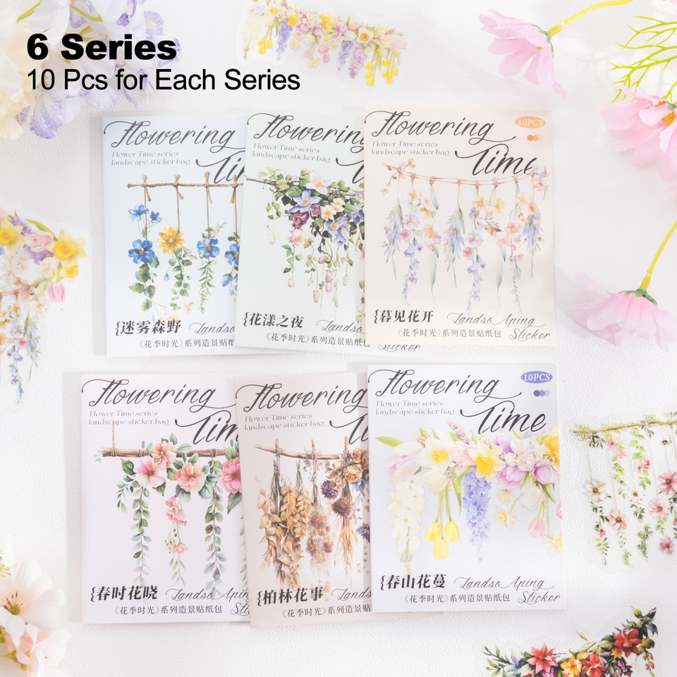 Hanging Floral PET Stickers Set, 60PCS Botanical Flower Stickers for ...