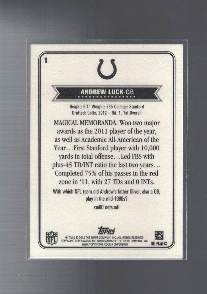 2012 Topps Magic Andrew Luck Rookie Card RC #1 Colts | eBay