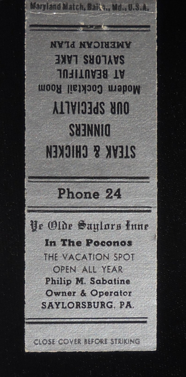 1940s Ye Olde Saylors Inne Philip M. Sabatine Phone 24 Saylorsburg PA ...