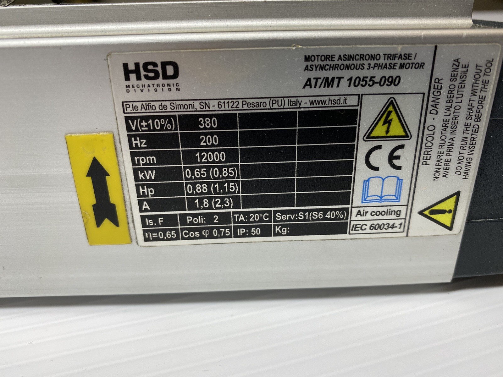 HSD Rotax AT/MT 1055-090 Spindle Motor .65Kw .9Hp 380V 200Hz 12000 Rpm ...