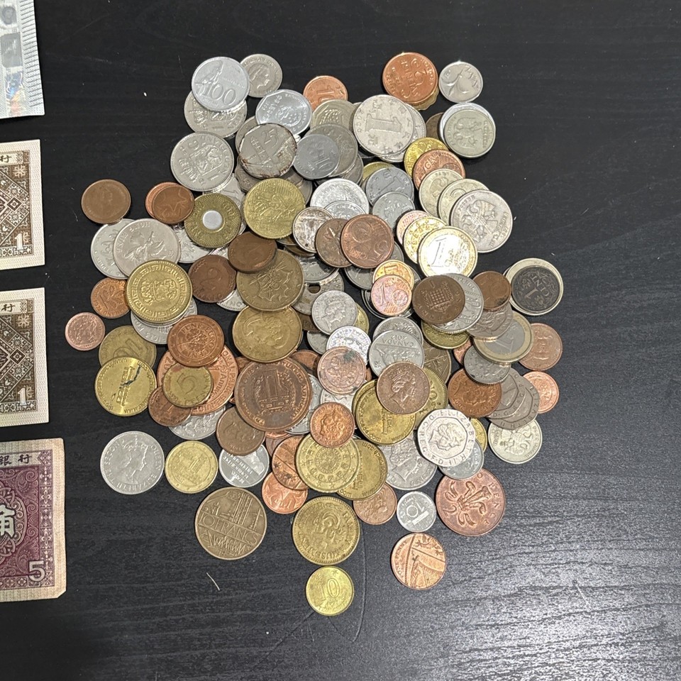 Mixed World Foreign Currency Lot 8 Paper Bills And 100+ Coins Unsorted ...