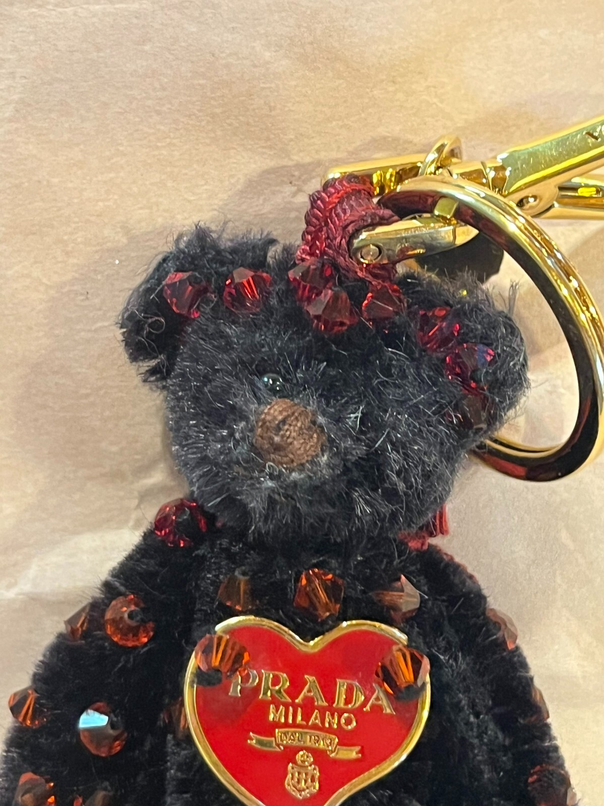 PRADA Key ring Key holder chain Bag charm AUTH Bear Black Heart Plate F ...