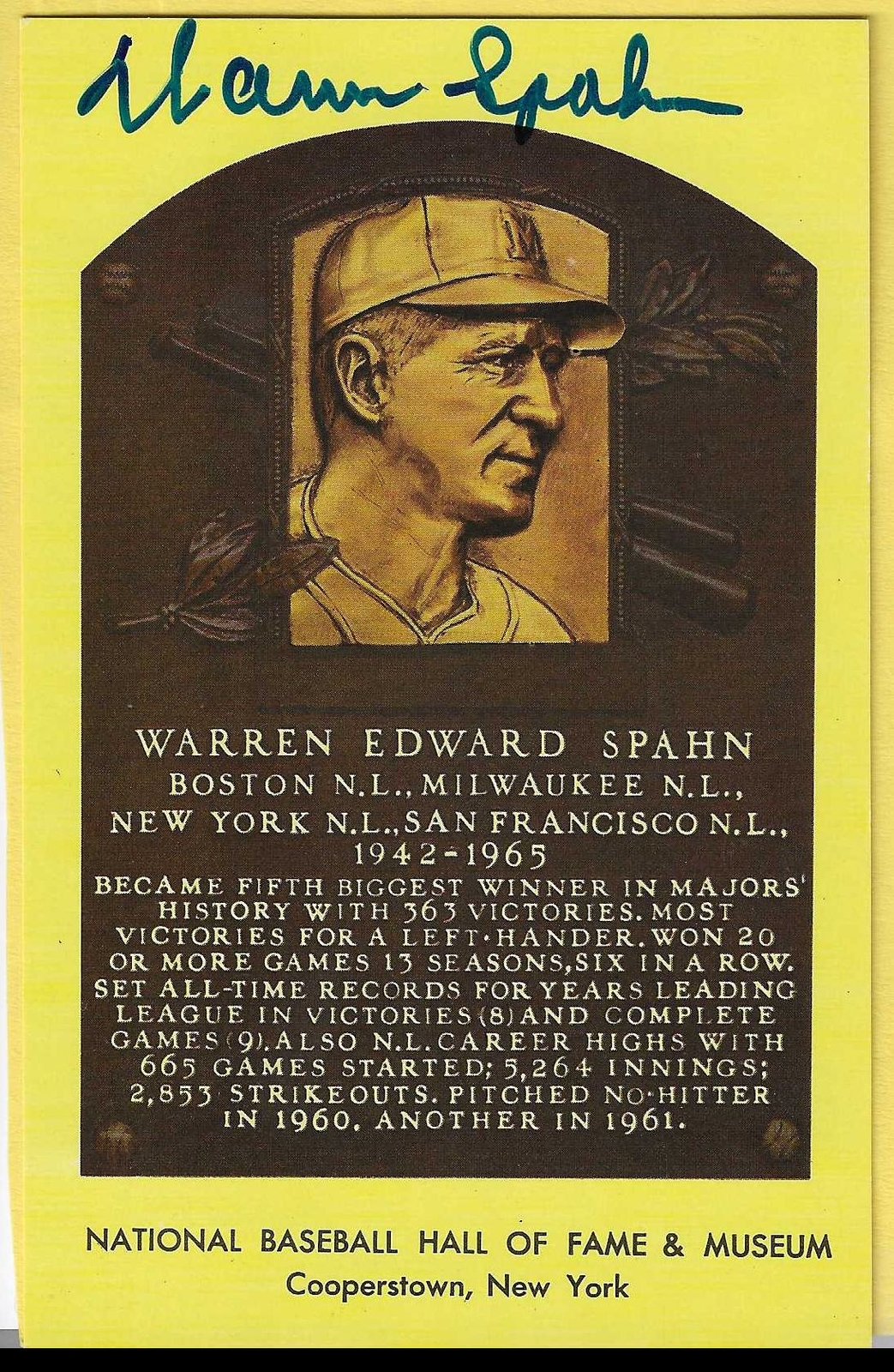 Warren Spahn HOF Plaque/Postcard HOF Autograph JSA | eBay