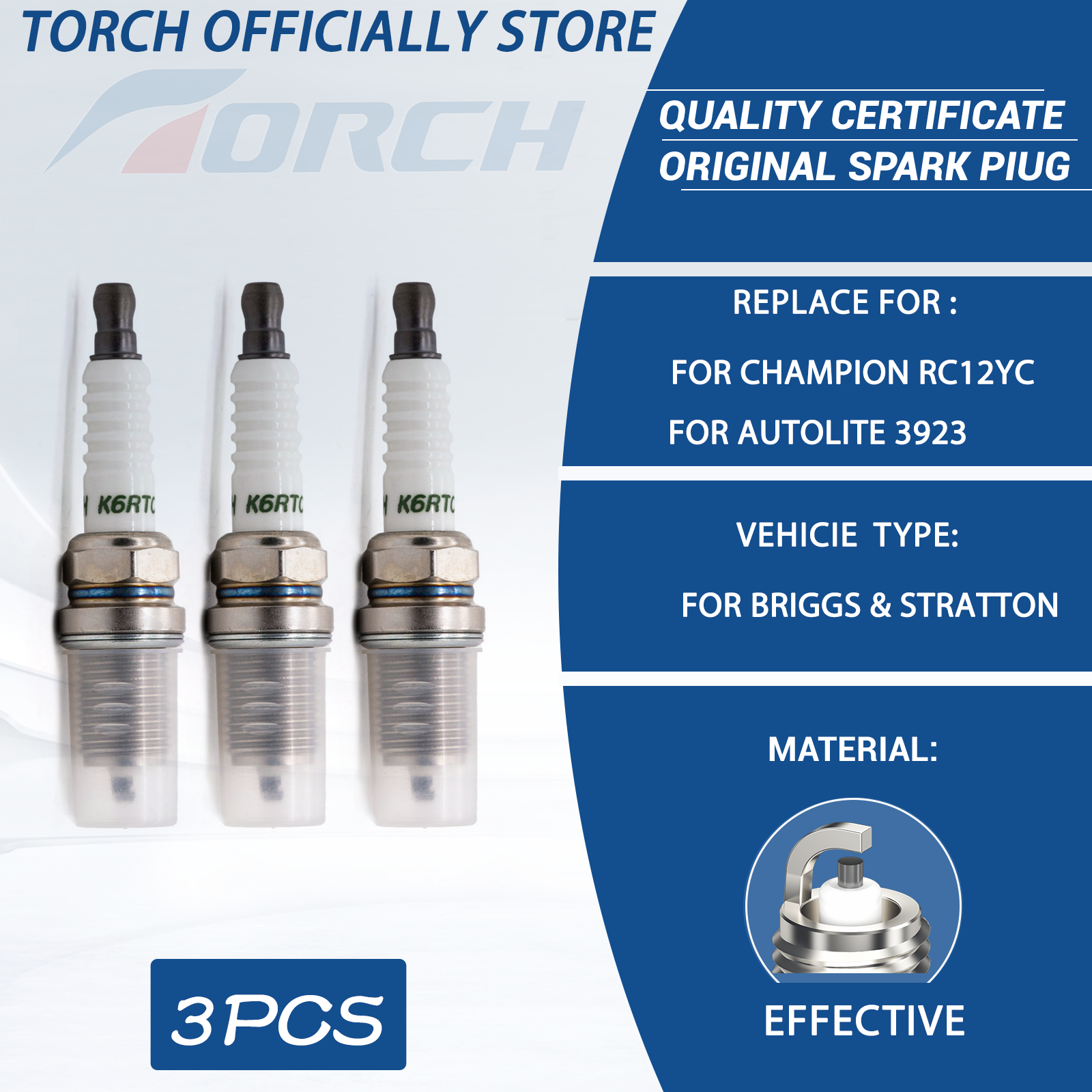 3PK TORCH K6RTC Spark Plug for NGK BCPR6ES for Briggs 491055 for Bosch ...