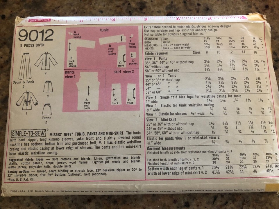 🌼 1970 SIMPLICITY #9012 - LADIES RETRO TUNIC - MINI SKIRT & PANTS ...