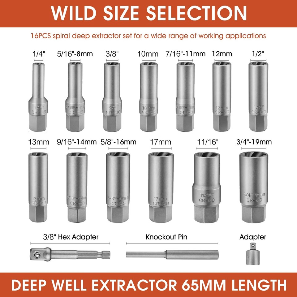 16pcs 3/8" Deep Well Bolt Extractor Set, Spark Plug Removal Extraction ...