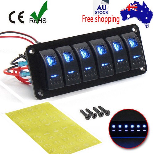 6 Gang Blue LED Light Rocker Switch Panel Circuit Breaker Boat Marine ...