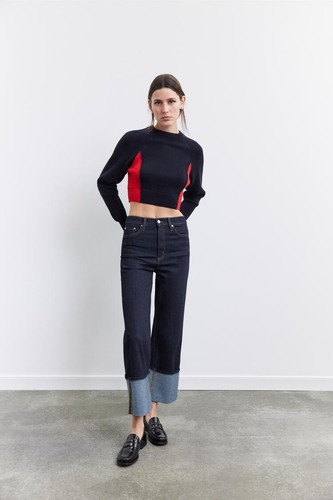 Zara NWT Colorblock Knit Crop Sweater Navy/Red Women’s Size M | eBay