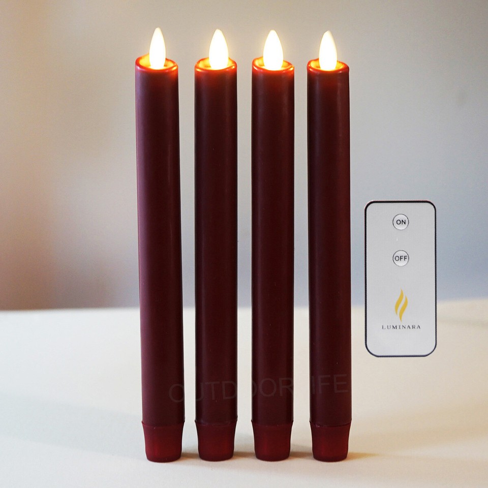 Luminara Flameless Wax Burgundy Taper Candles Moving Wick Remote for ...