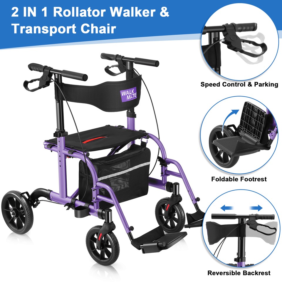 Adjustable 2 in 1 Medical Rollator Walker Folding 10” Wheels Transport ...
