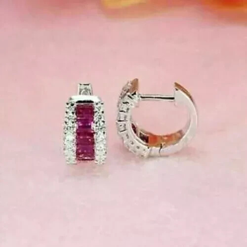 2Ct Princess Cut Lab Created Red Ruby Huggie Hoop Earrings 14k White ...