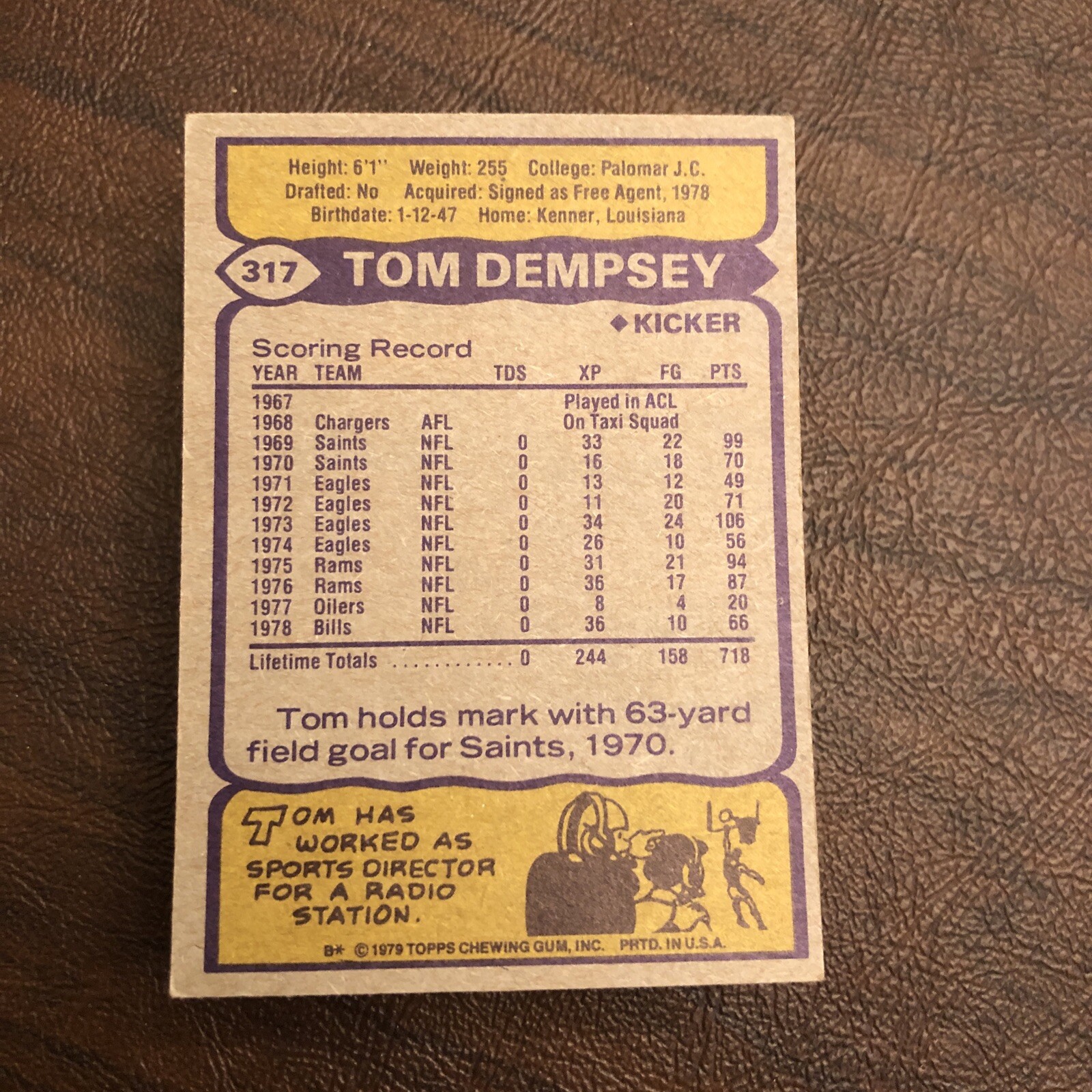 1979 TOPPS TOM DEMPSEY #317 BUFFALO BILLS FOOTBALL CARD | eBay