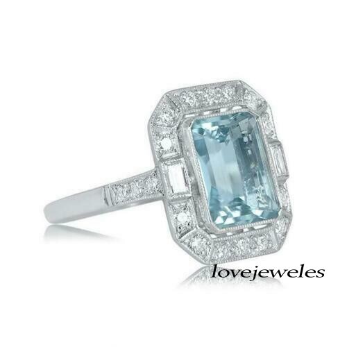 Vintage Art Deco Emerald Cut 3CT Real Aquamarine 925 Silver Engagement ...