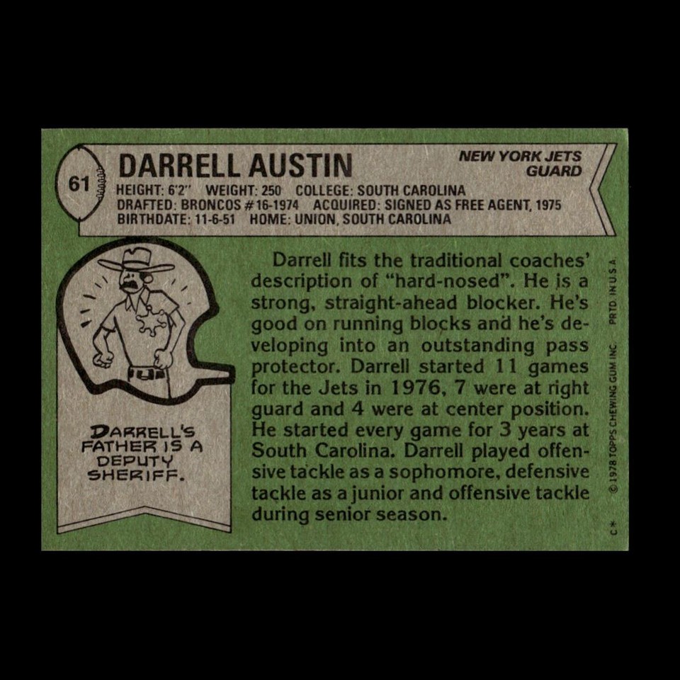 Darrell Austin 1978 Topps New York Jets #61 R308C 1 | eBay