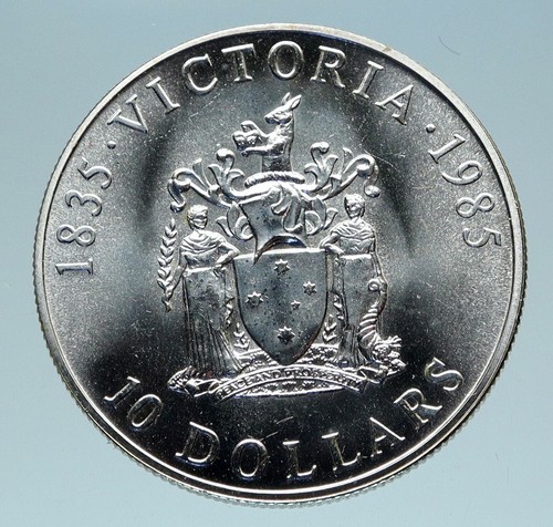 1985 AUSTRALIA UK Queen Elizabeth II PEACE SHIELD Silver 10 Dollar Coin ...