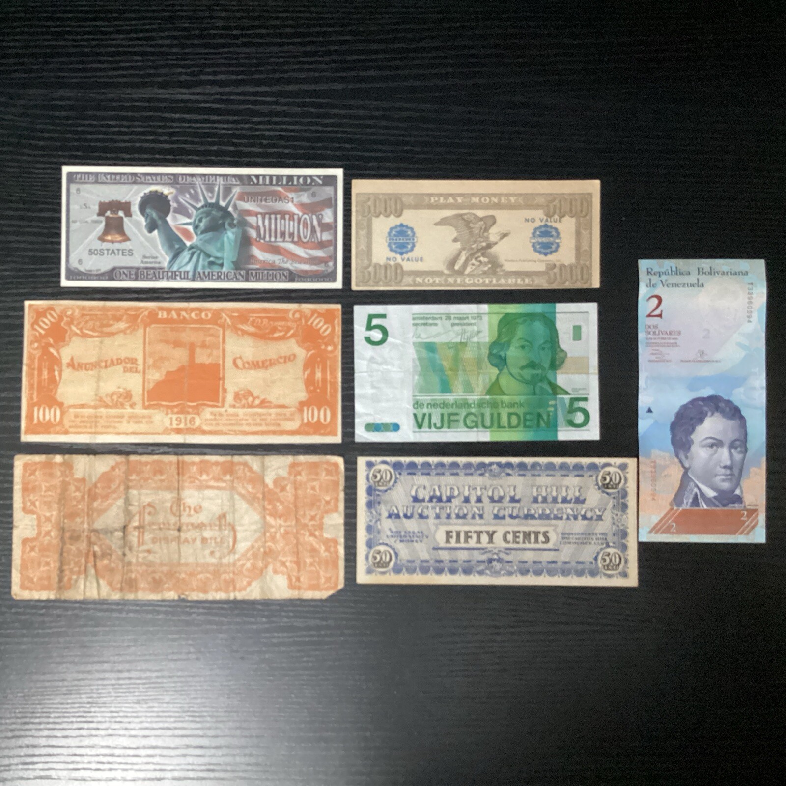 Lot of 7 World & Novelty Currency, 1973 5 Gulden, 2013 Venezuela 2 ...