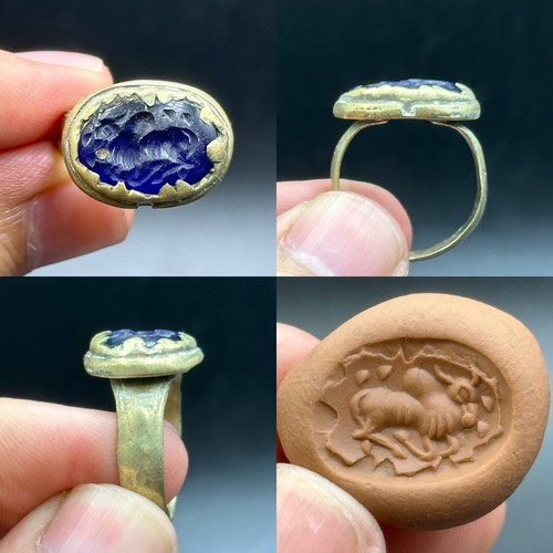 Very Unique Ancient Roman Bronze ring With Blue Glass And Cow Intaglio ...