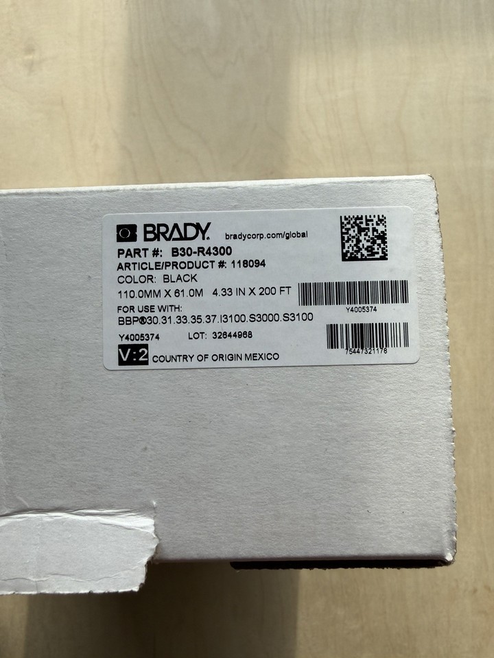 Brady B30-R4300 Black Ribbon Cartridge 4.33" X 200' For BBP 30.31.33.35 ...