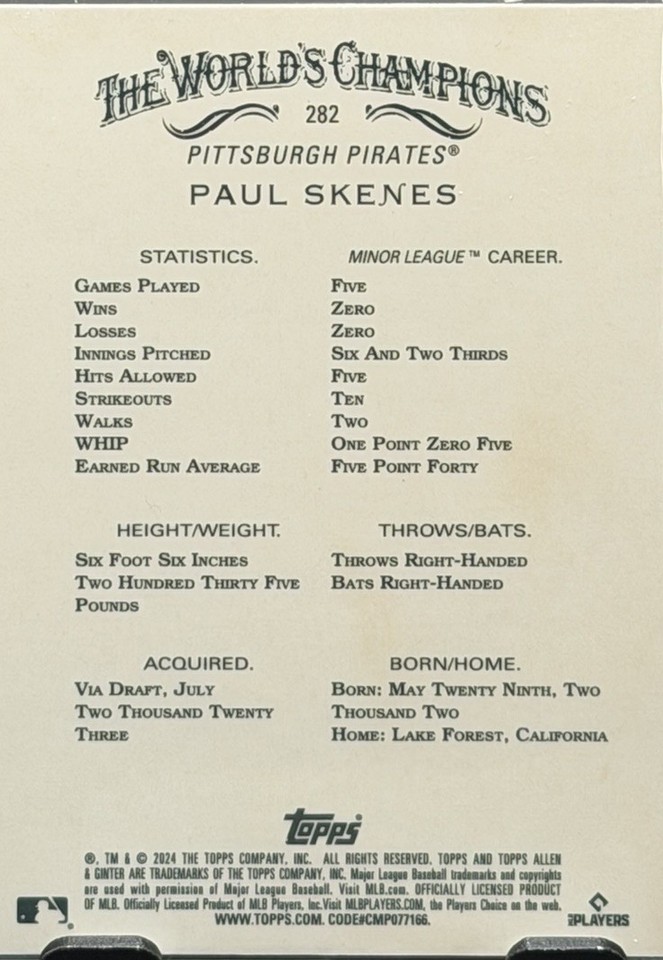 2024 Topps Allen & Ginter Chrome SP Paul Skenes RC #282 Pirates Rookie ...